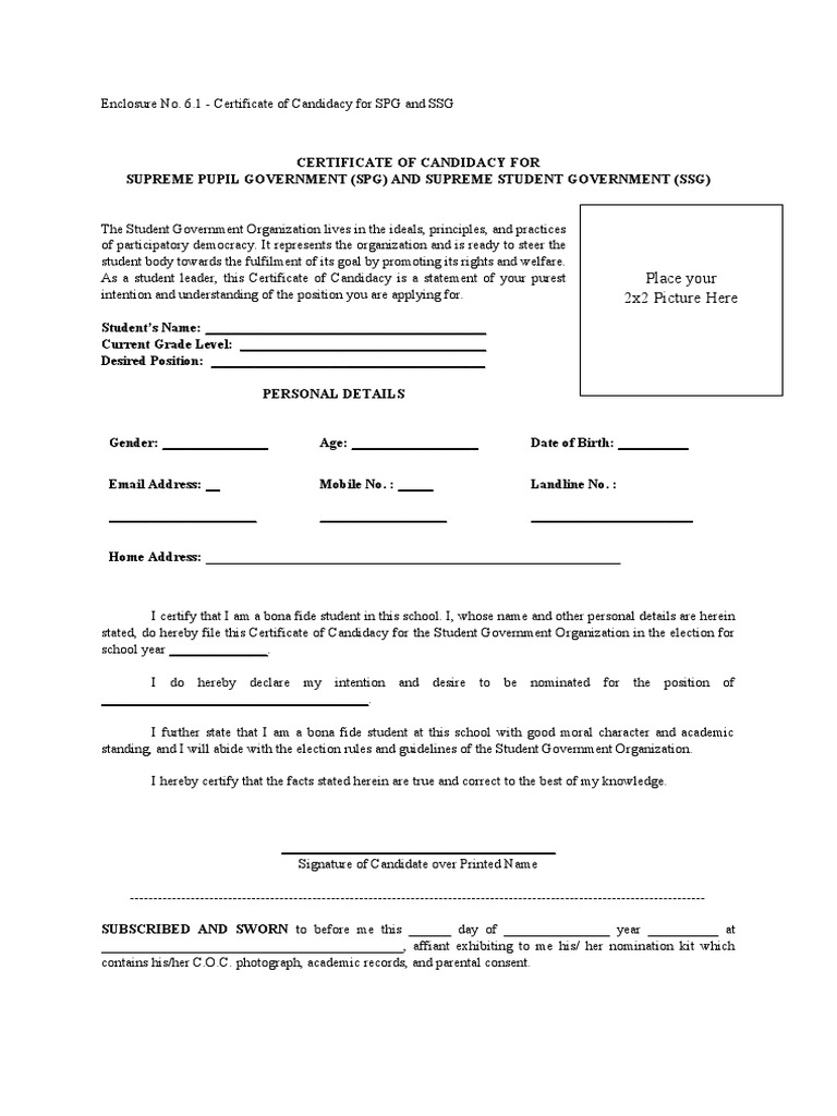 Enclosure No. 6.1 Certificate of Candidacy For SPG and SSG | PDF