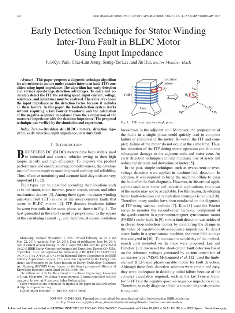 Early Detection Technique For Stator Winding Inter-Turn Fault in BLDC Motor Using Input ...