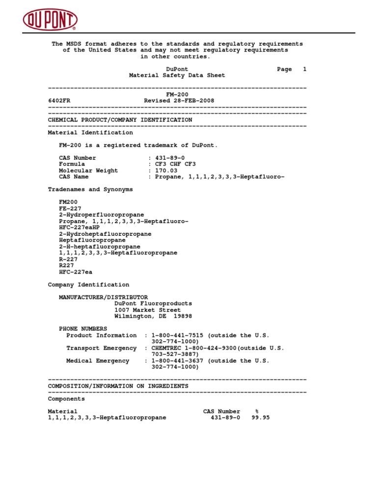 FM200 MSDS | PDF | Personal Protective Equipment | Firefighting