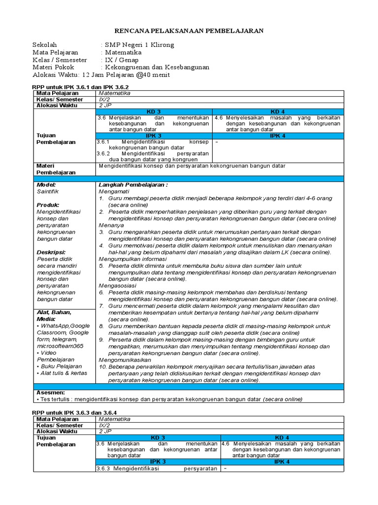RPP KLS 9 Kongruen Dan Kesebangunan | PDF