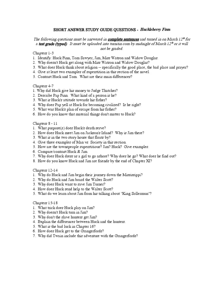 Huck Finn study guide questions | PDF | Huckleberry Finn