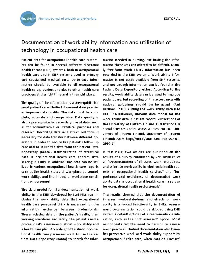 Documentation of Work Ability Information and Utilization of Technology ...