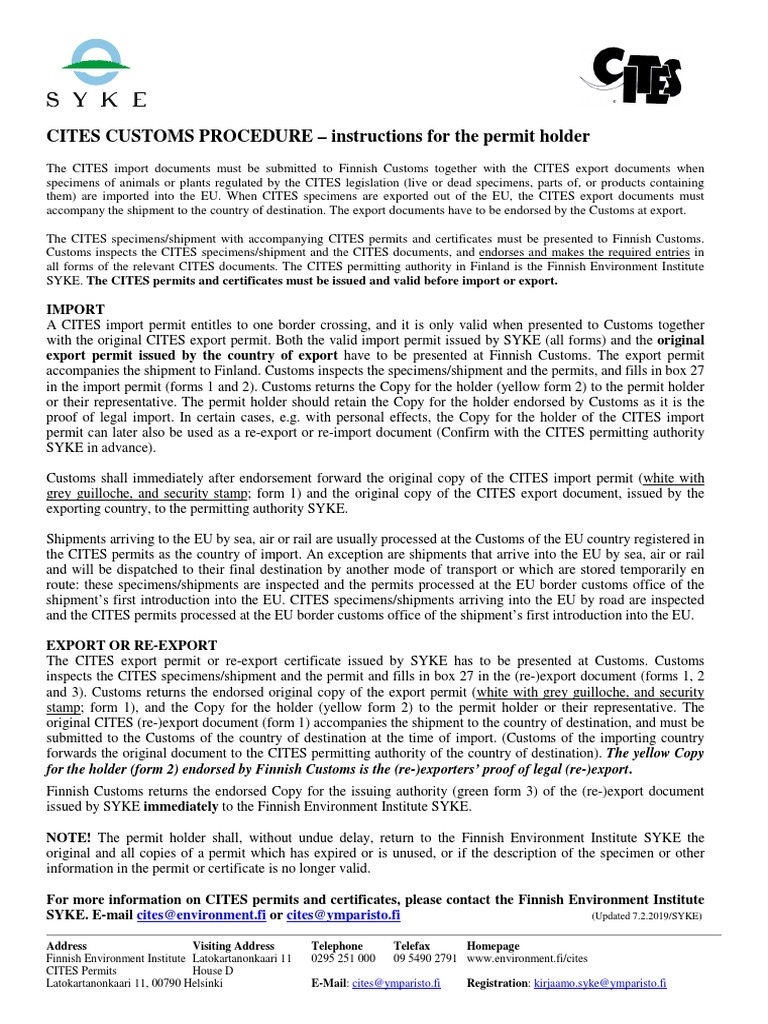 Instructions for CITES Permit Holders on Customs Procedures for ...