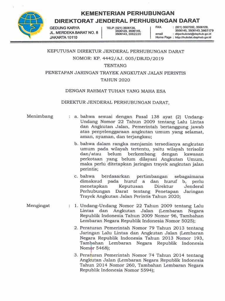 Penetapan Jaringan Trayek Angkutan Jalan Perintis Tahun 2020 | PDF