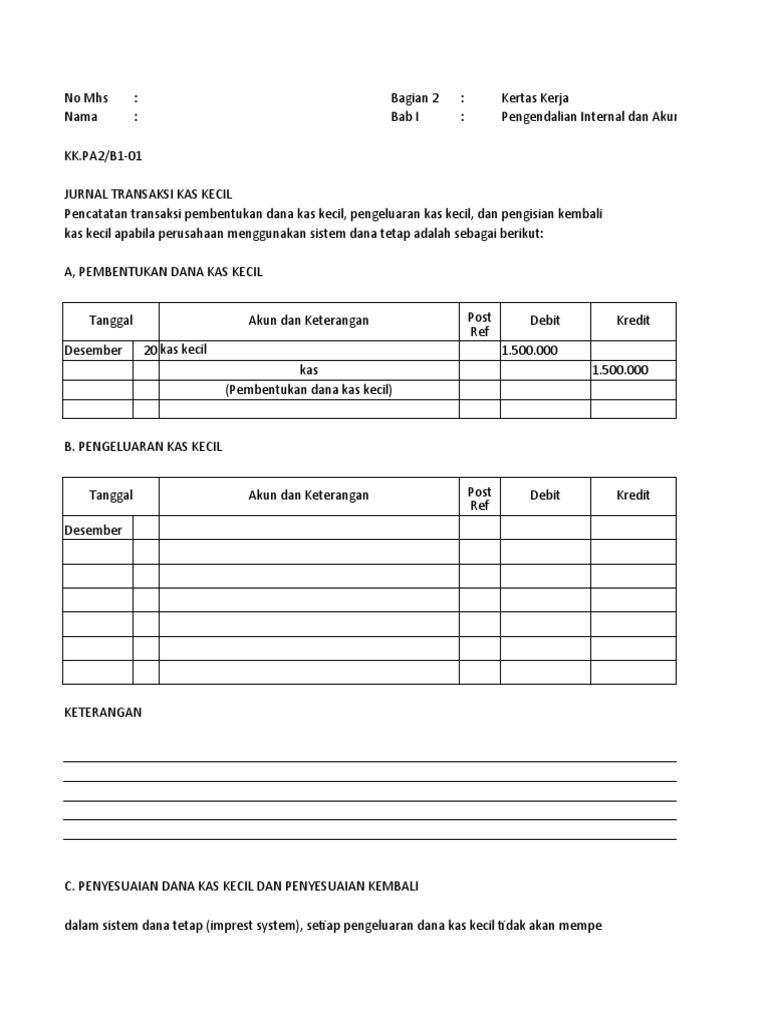 Kertas Kerja Pengendalian Internal Dan Akuntansi Kas | PDF