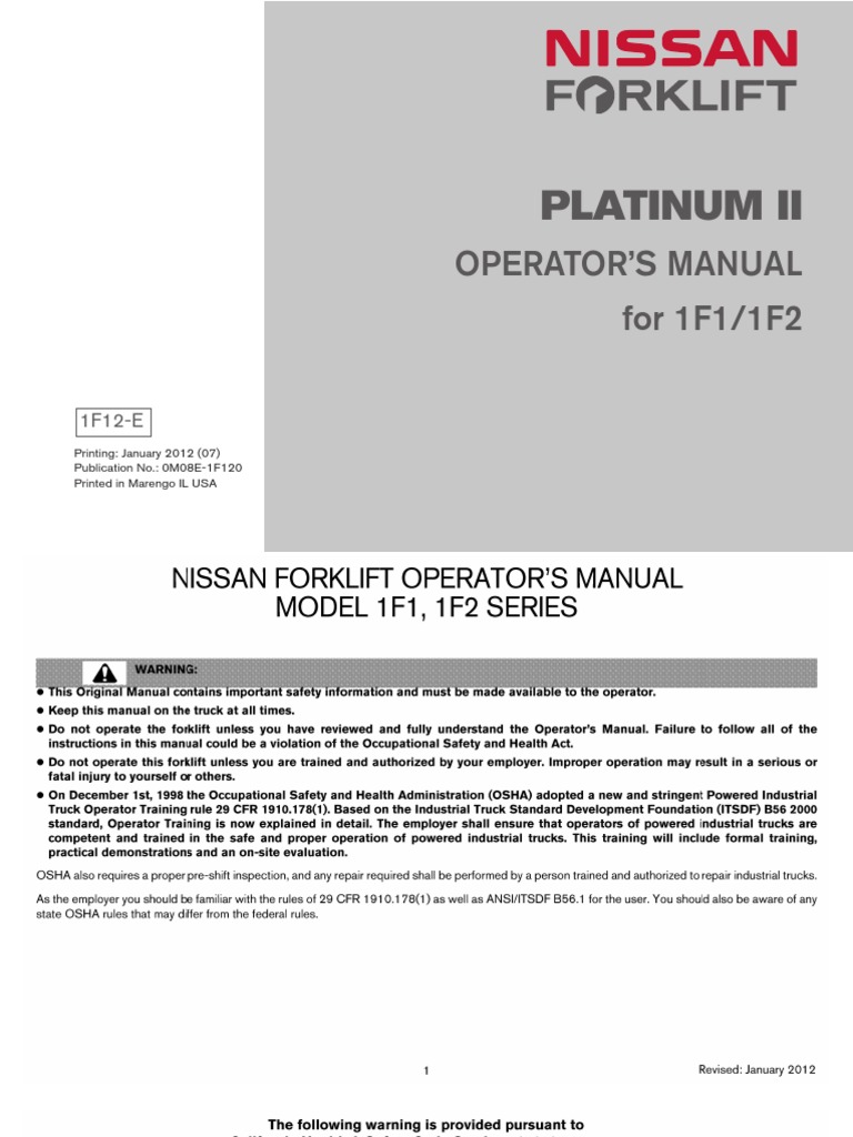 Nissan Forklift 1F1, 1F2 Series Operator's Manuals PDF | PDF
