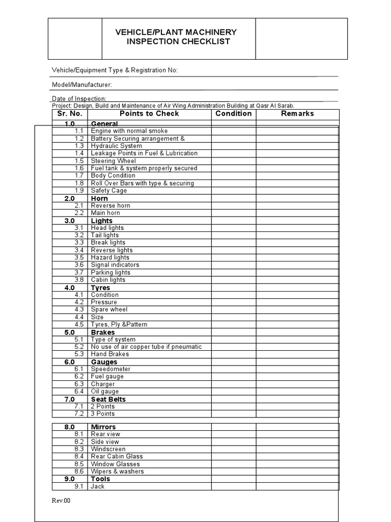 Vehicle and Plant Machinery Inspection Checklist | PDF | Vehicles | Truck