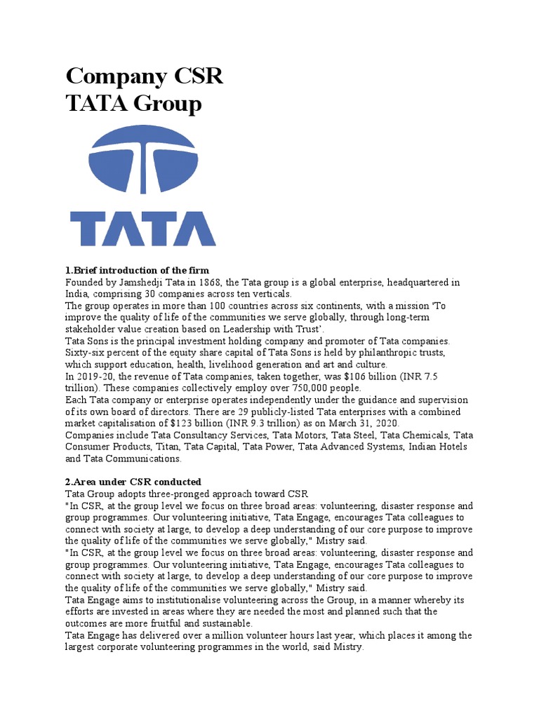 Company CSR TATA Group: 1.brief Introduction of The Firm | PDF ...