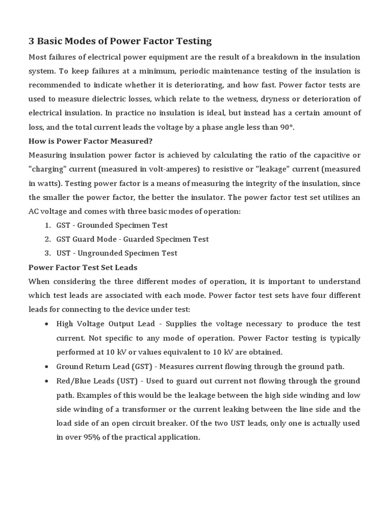 3 Basic Modes Of Power Factor Testing Pdf Insulator Electricity