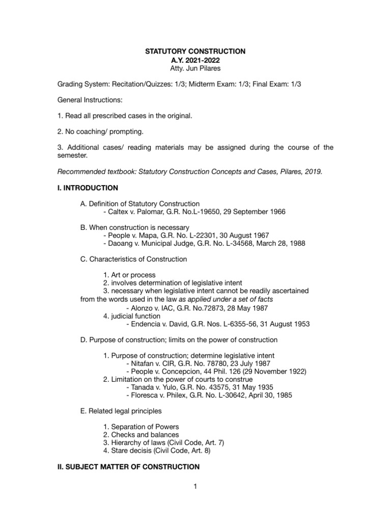Statutory Construction Course Outline 2021 | PDF | Statutory ...