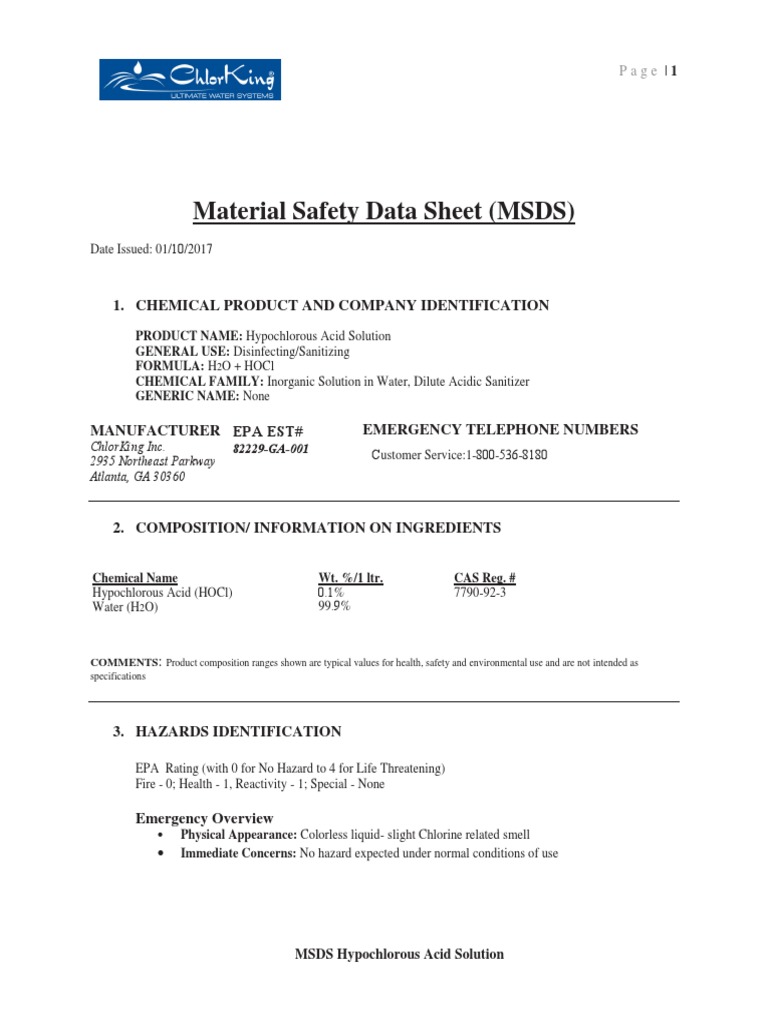 MSDS of Hypochlorous Acid | PDF | Firefighting | Water