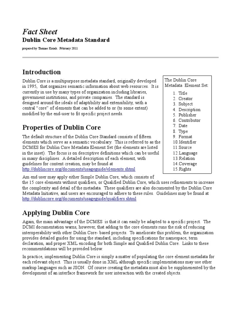 Fact Sheet - Dublin Core | PDF | Metadata | Programming Paradigms