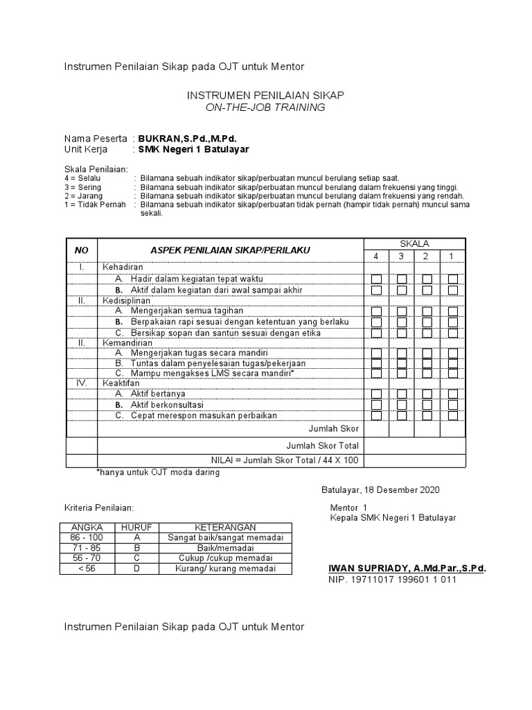 Penilaian Sikap Mentor pada OJT | PDF