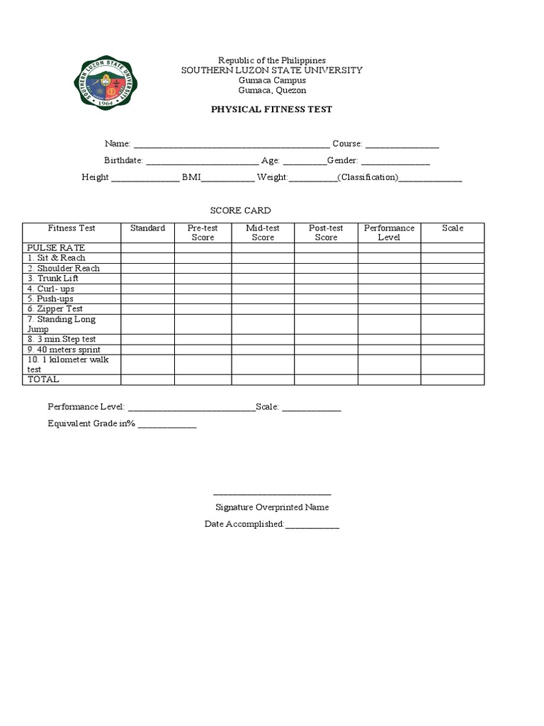 Physical Fitness Test Form Template | PDF