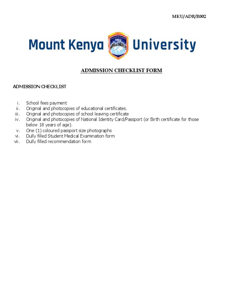 Admission Checklist Form: MKU/ADR/R002 | PDF