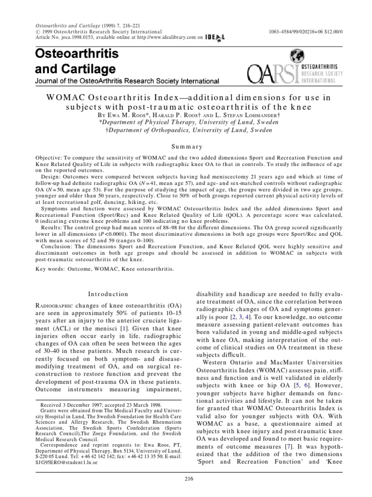 WOMAC Osteoarthritis Index-Additional Dimensions For Use in Subjects ...