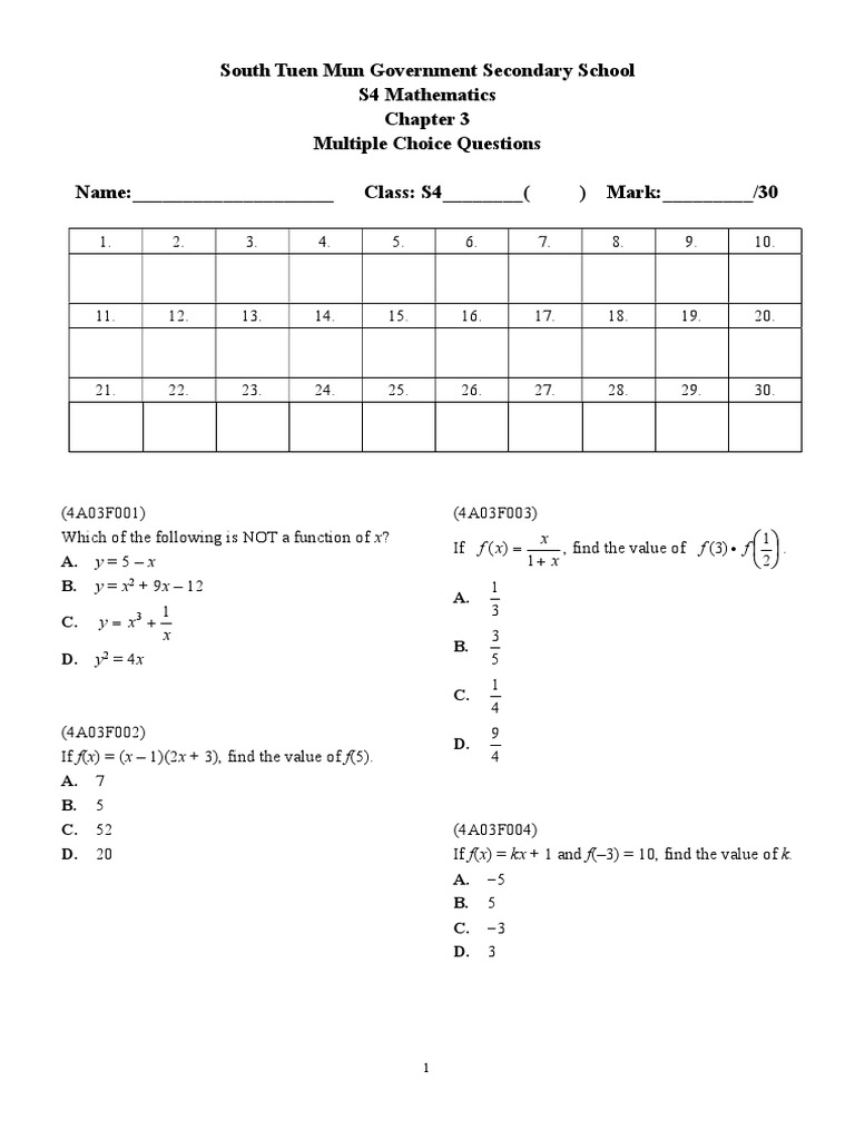 South Tuen Mun Government Secondary School S4 Mathematics Multiple ...
