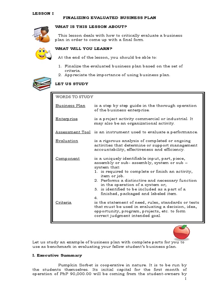 Lesson I Finalizing Evaluated Business Plan What Is This Lesson About ...