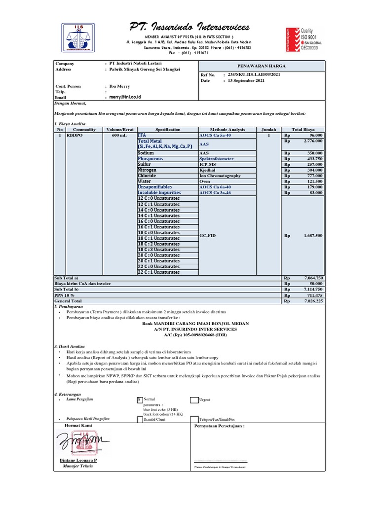 Penawaran Harga PT Inl (Rbdpo) 13.09.2021 | PDF