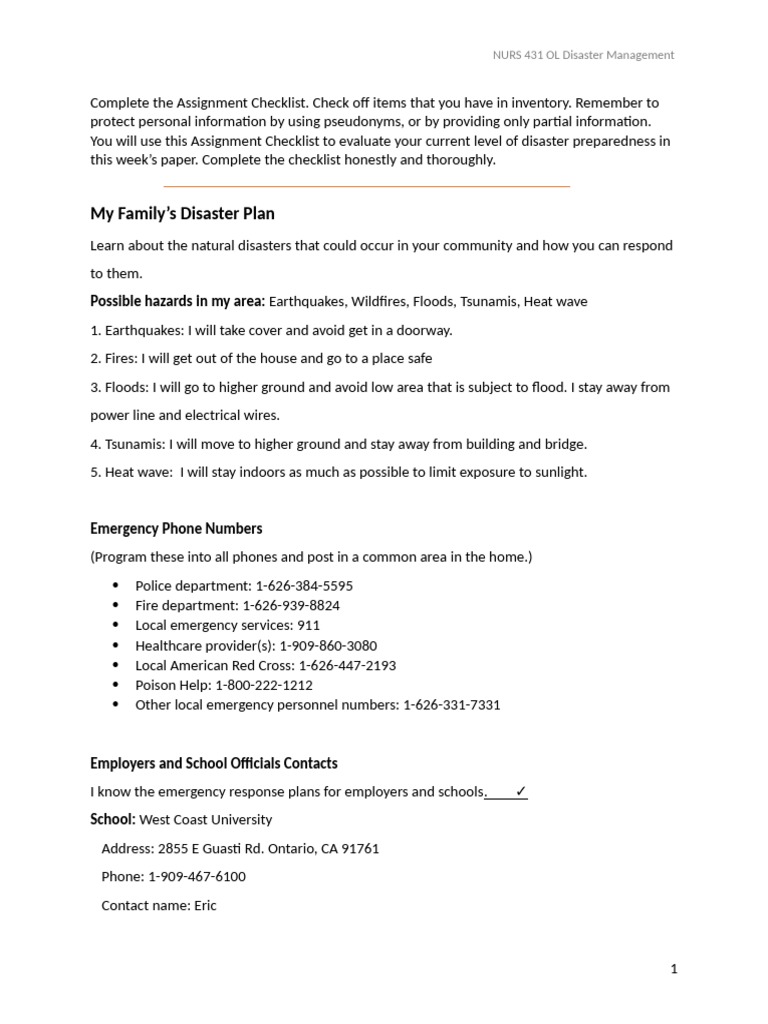 Assignment Checklist Family Disaster Plan | PDF | Emergency Management