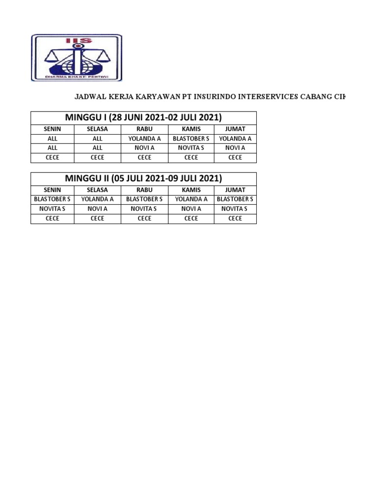Jadwal Kerja PT Insurindo Interservices Cabang Cikarang | PDF