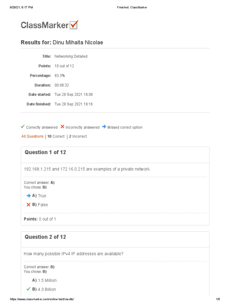 Finished. ClassMarker Networking | PDF | Computer Network | Domain Name System