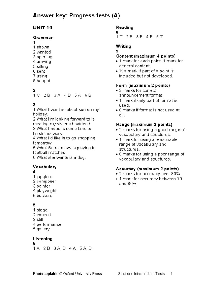 Answer Key: Progress Tests (A) : Unit 10 | PDF