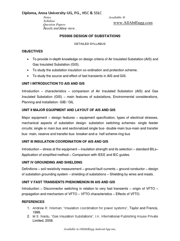 Design of Substations Syllabus | PDF | Electrical Substation ...