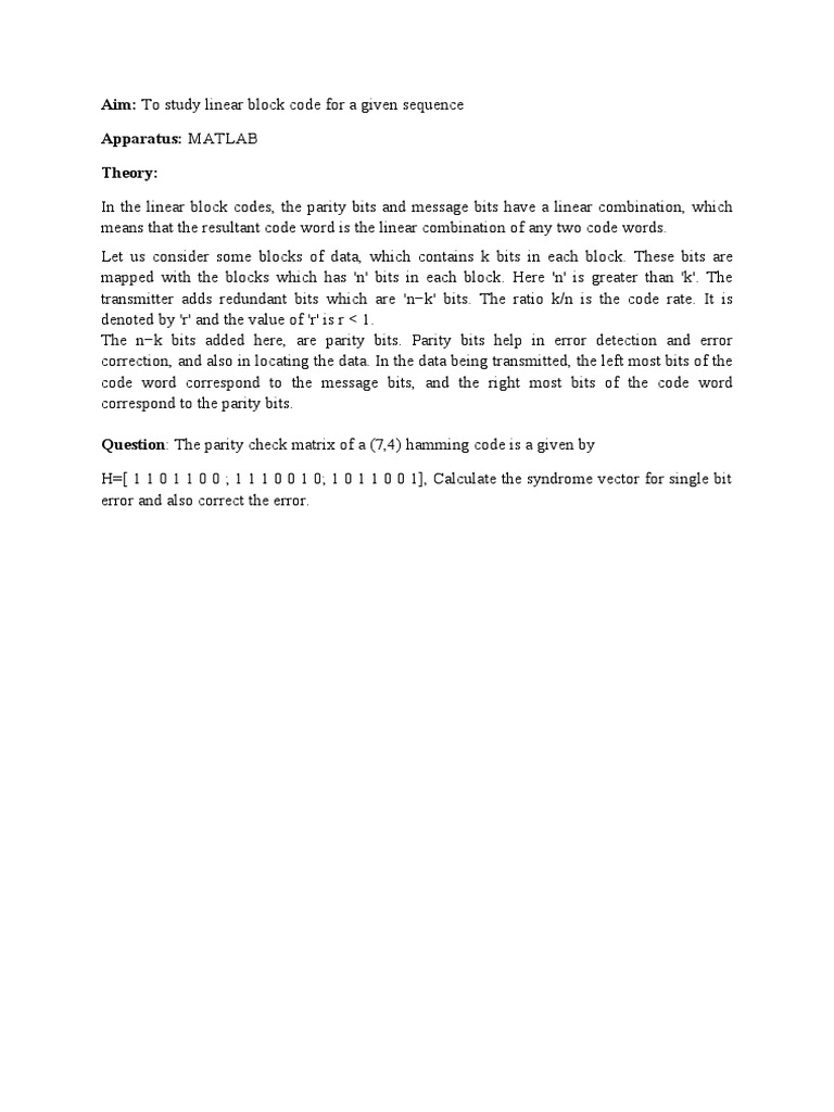 Correcting Single Bit Errors In Linear Block Codes Using Matlab Pdf