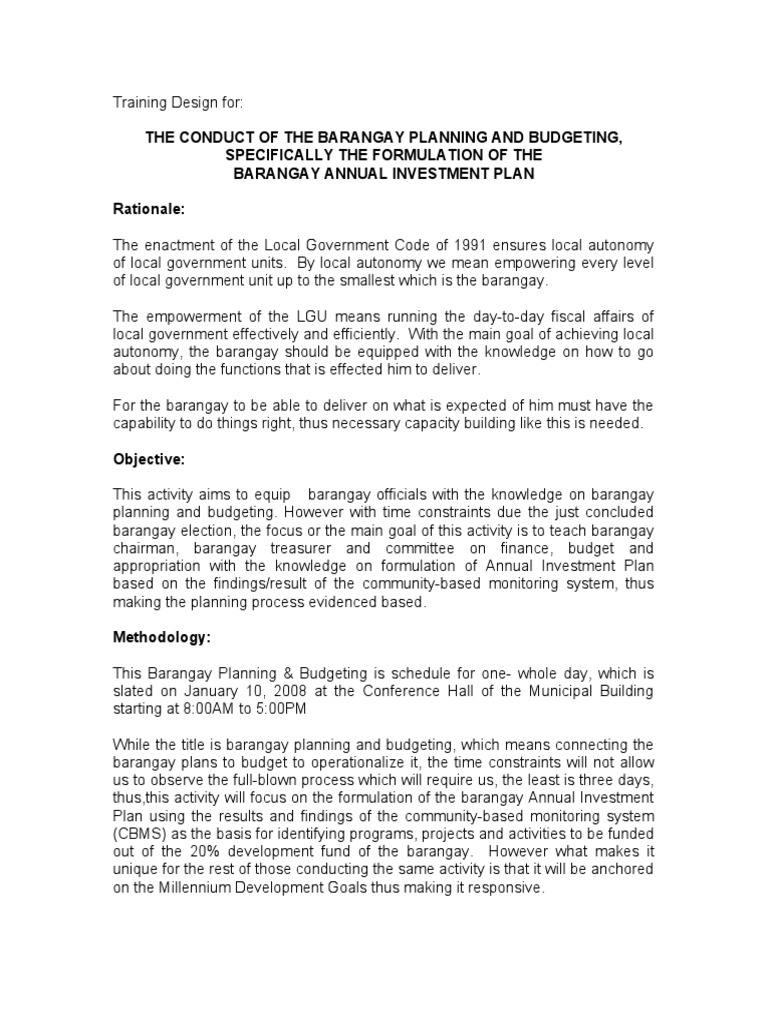 Training Design For Barangay Planning & Budgeting | PDF | Local ...