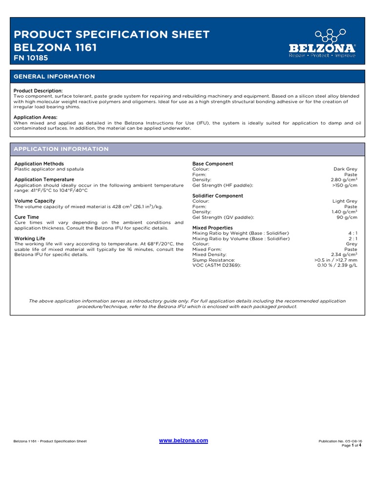 Product Specification Sheet BELZONA 1161: General Information | PDF | Adhesive | Pascal (Unit)