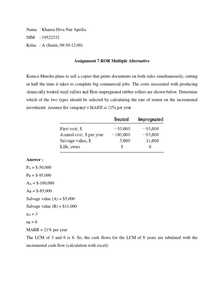 Assignment 7 ROR Multiple Alternative | PDF | Internal Rate Of Return | Money