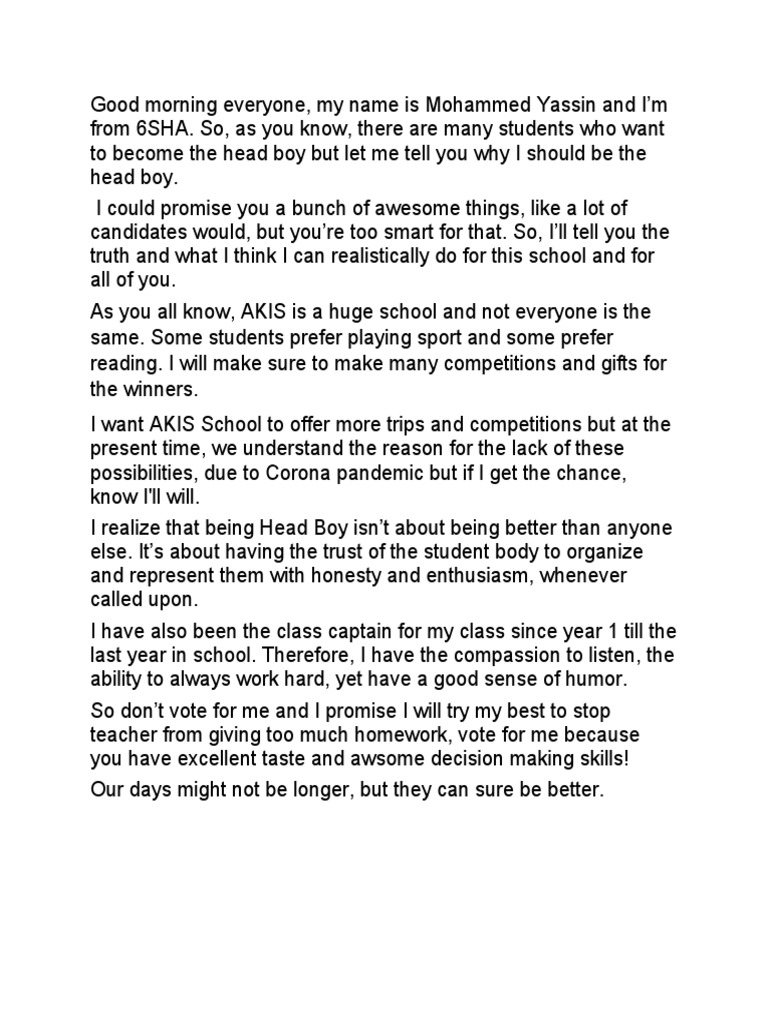 Head Boy Election Speech by Mohammed Yassin | PDF
