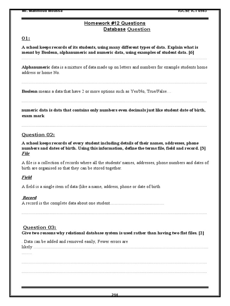 Homework #12 Questions Database: Mr. Mahmoud Moussa Igcse Ict 0983 | Download Free PDF ...