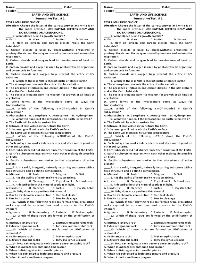 Earth and Life Science Summative Test 1 | PDF | Rock (Geology ...