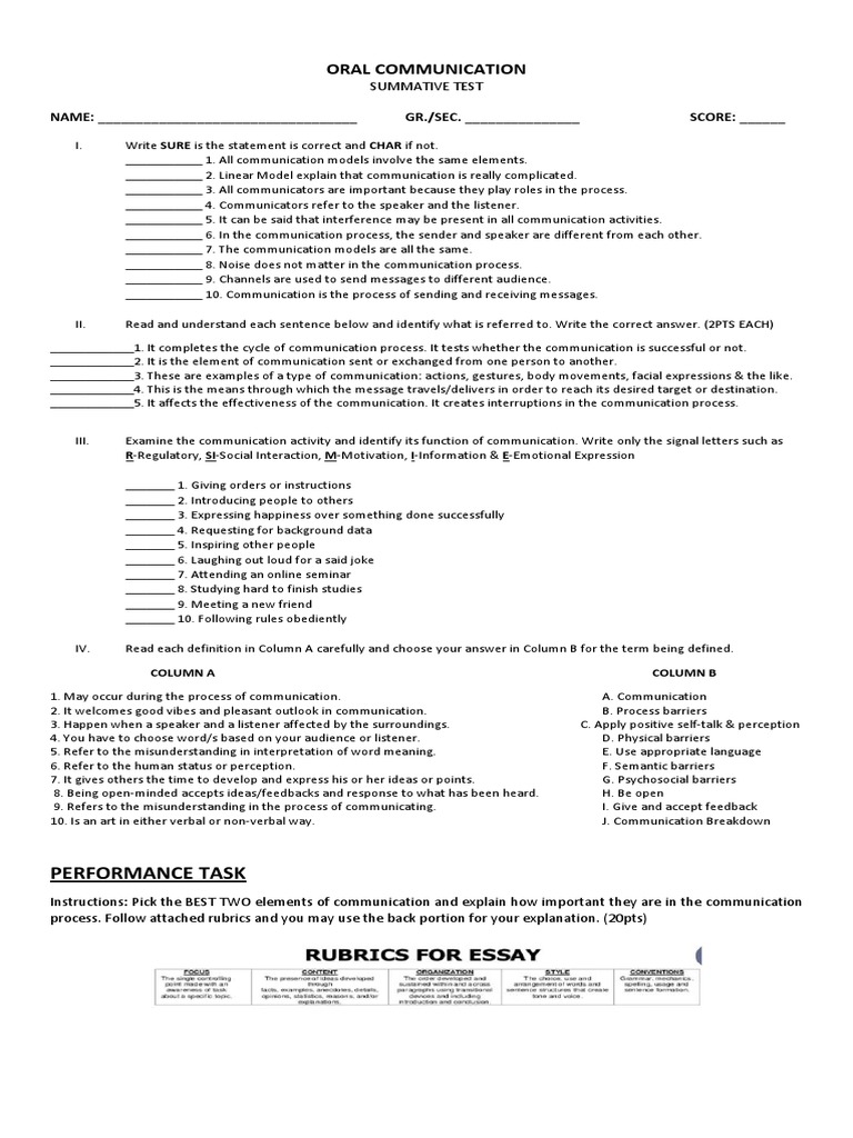 Oral Communication Summative Test 1 and Performance Task 1 | PDF ...
