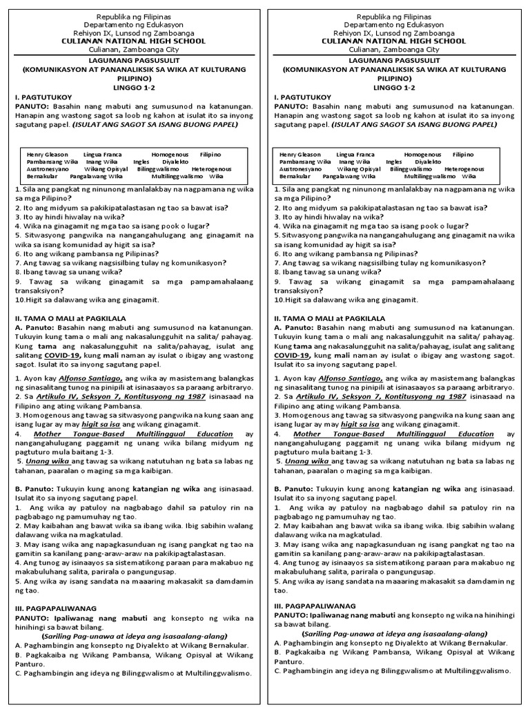 Filipino Summative Test 1 and Performance Task 1 | PDF