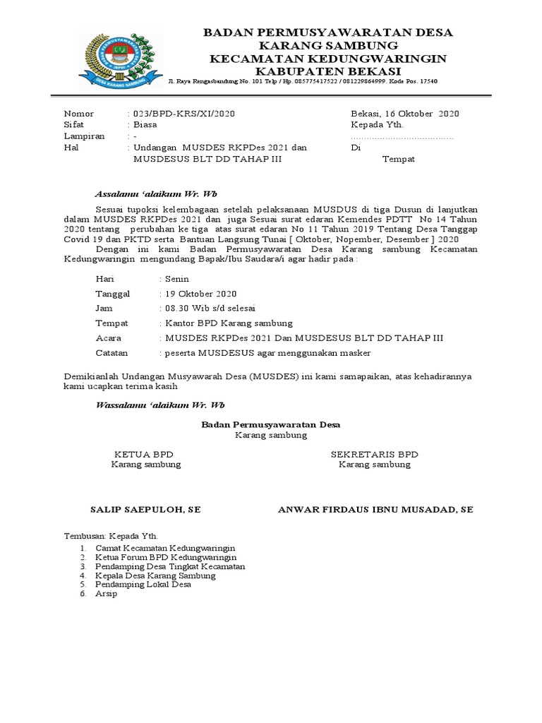 Surat Undangan Musdes Karangsambung Covid 19-1 | PDF