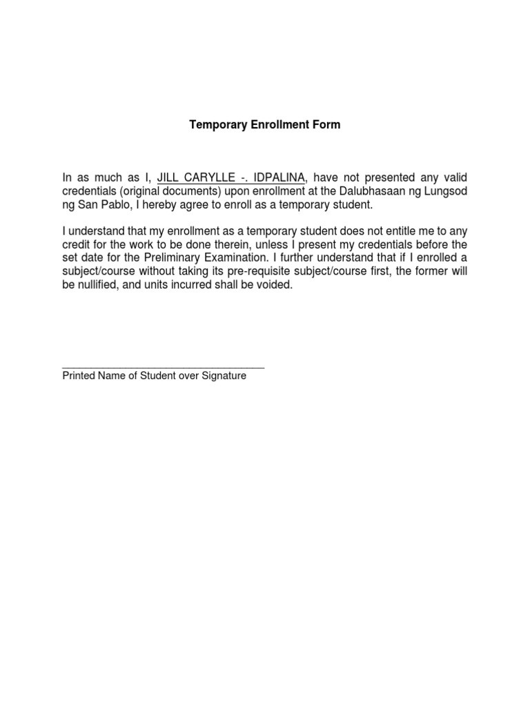 Temporary Enrollment Form: - Printed Name of Student Over Signature | PDF