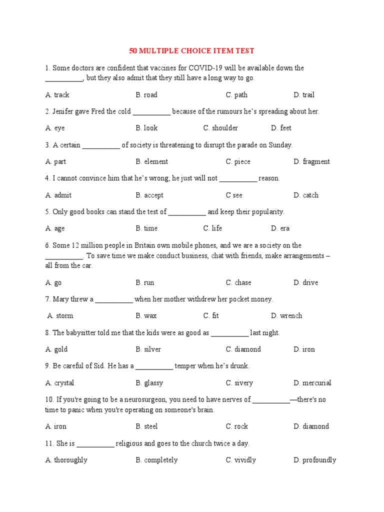 50 Multiple Choice Vocabulary Questions | PDF