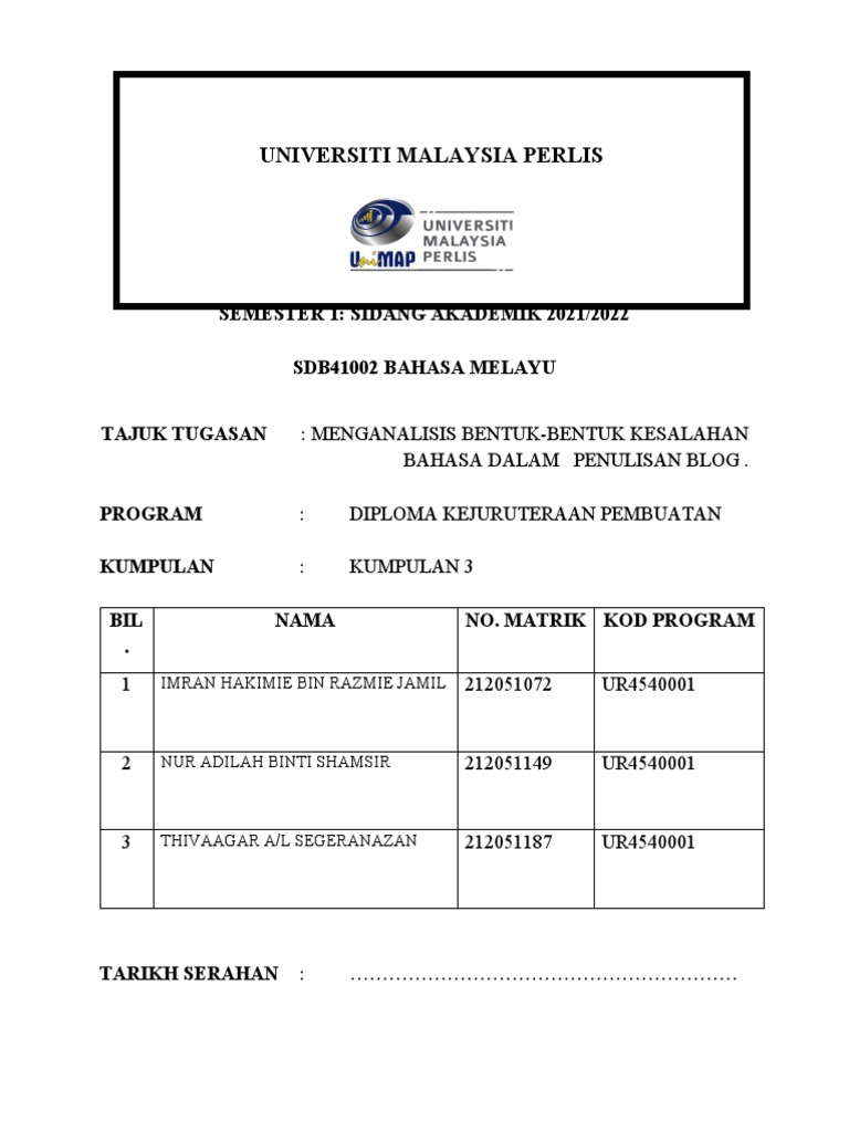 Format Muka Depan Dan Kandungan Tugasan Bertulis (Kertas Kerja ...
