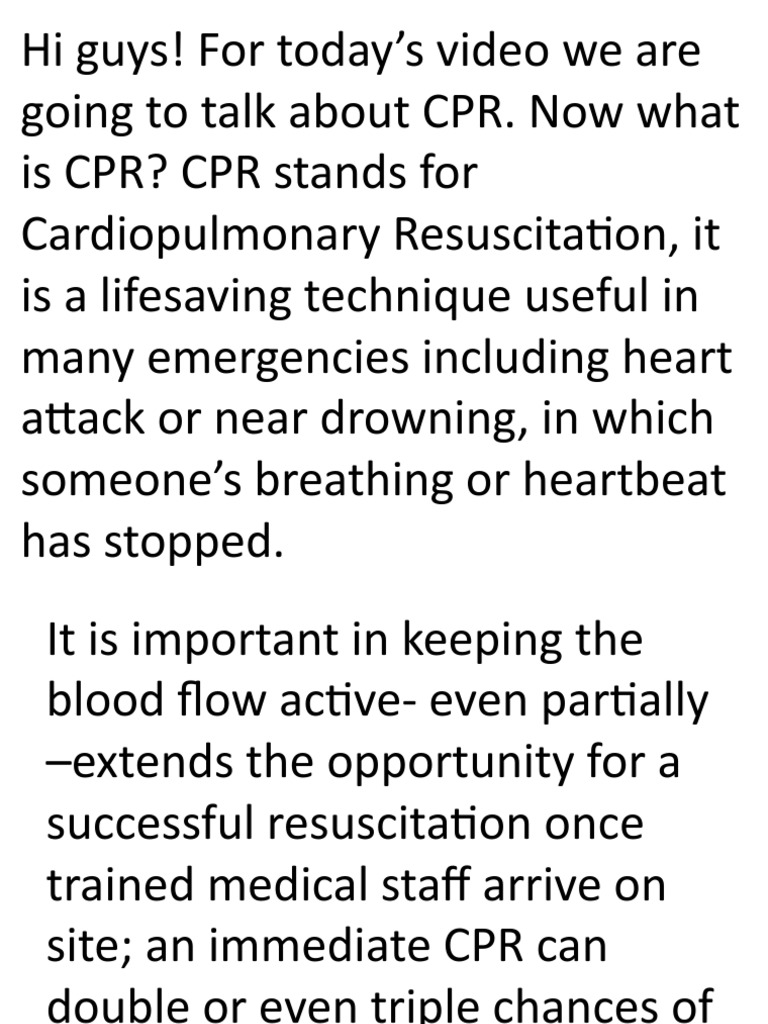 CPR Video Script | PDF | Cardiopulmonary Resuscitation | Medical ...