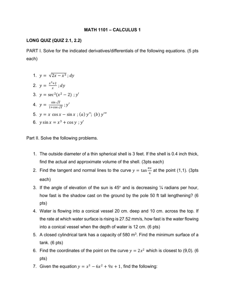 Math 1101 - Calculus 1 LONG QUIZ (QUIZ 2.1, 2.2) | PDF