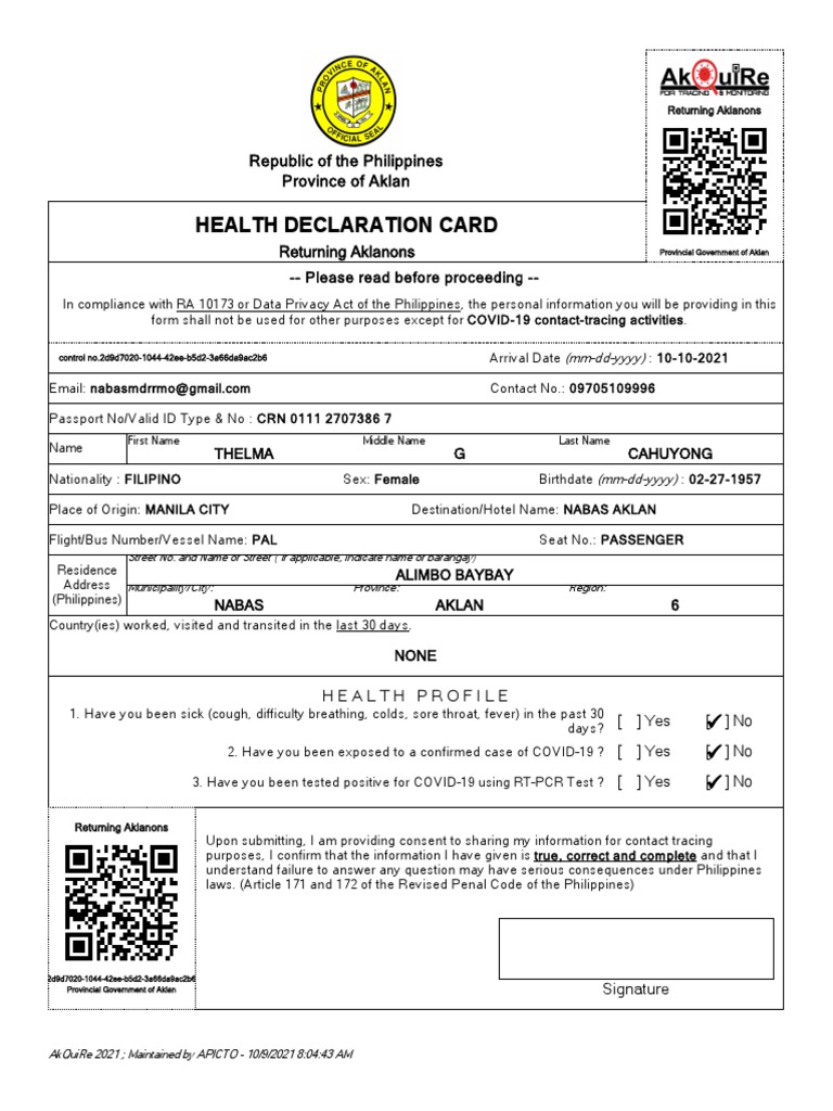 Health Declaration Card: Republic of The Philippines Province of Aklan ...
