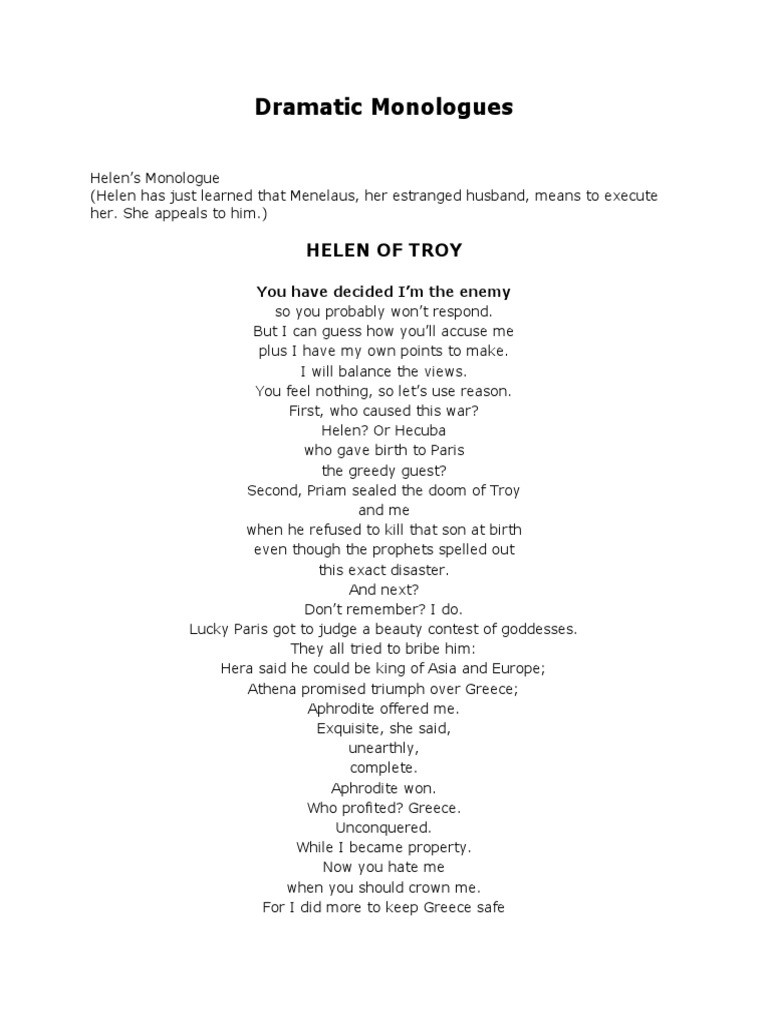 Dramatic Monologues: Helen of Troy | PDF | Paris (Mythology) | Mythology