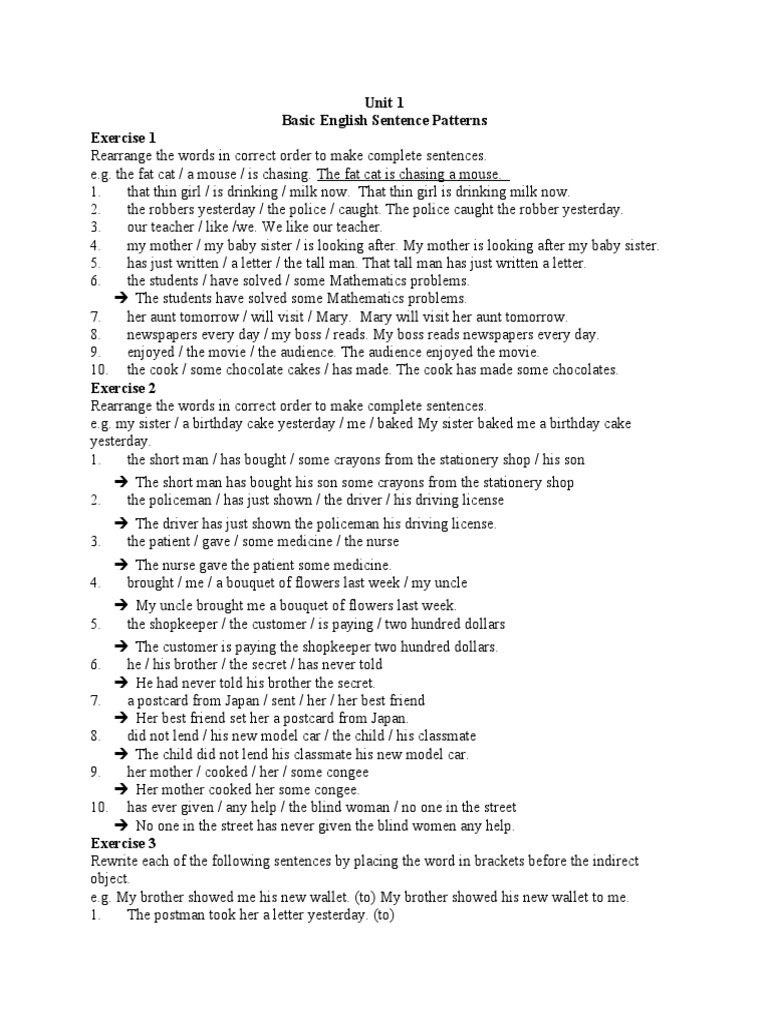 Unit 1 Basic English Sentence Patterns Exercise 1 | PDF | Linguistics ...