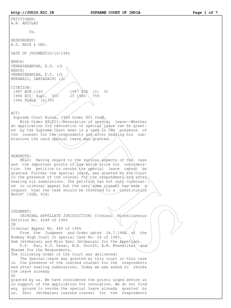 A.R. Antulay Vs R.S Nayak Anr. | PDF | Supreme Court Of India | Public Law