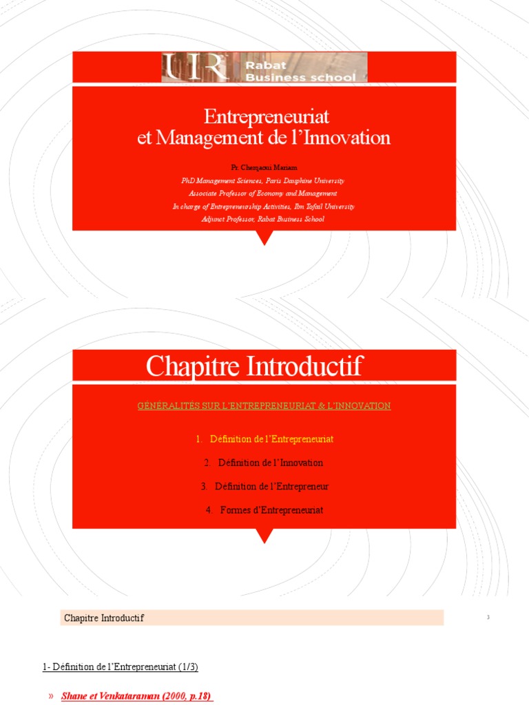 EMI - Cours CHAP INTRO | PDF | Innovation | Entrepreneuriat