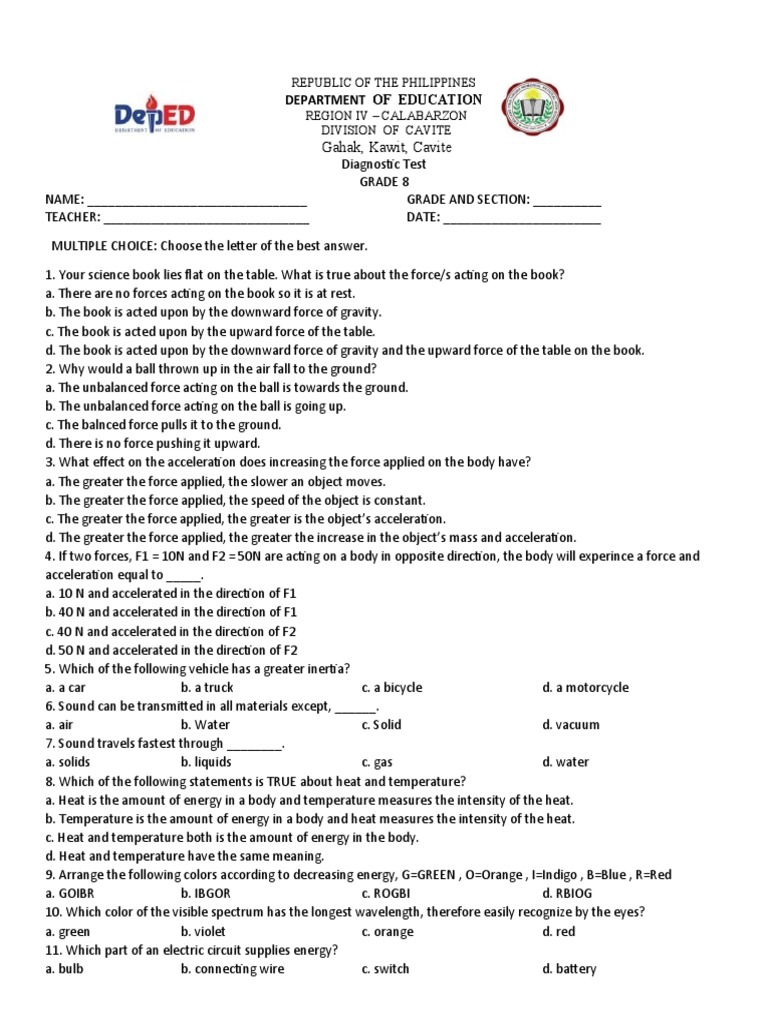 Grade 8 Science Diagnostic Test | PDF | Force | Continuum Mechanics