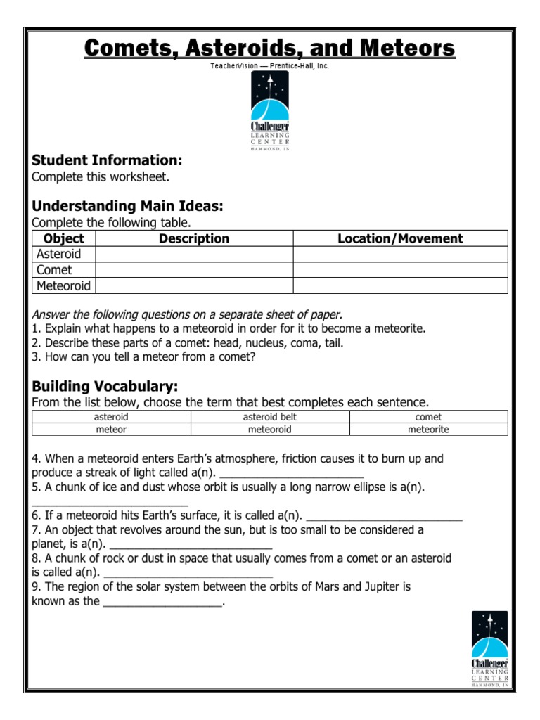Comet, Asteroid, and Meteors - Worksheet | PDF | Science & Mathematics ...